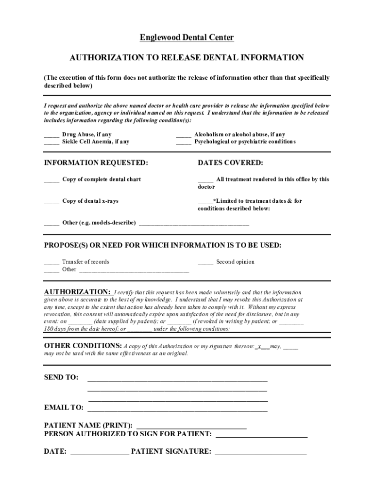 Fillable Online Boulder Dental Center AUTHORIZATION TO RELEASE DENTAL INFORMATION Fax Email ...