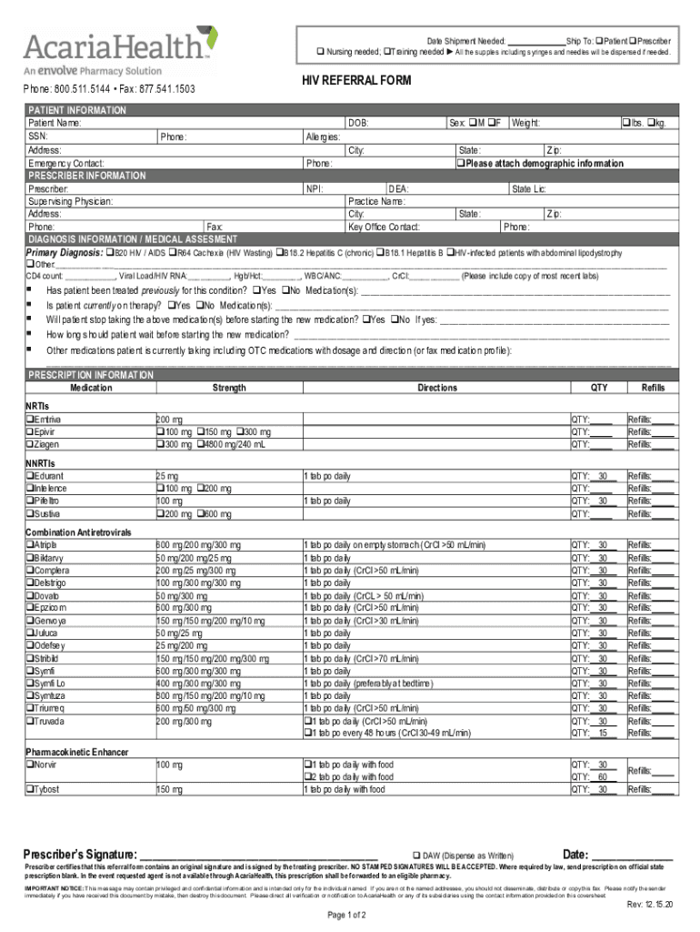 Fillable Online AcariaHealth - HIV Referral Form. HIV Referral Form Fax ...