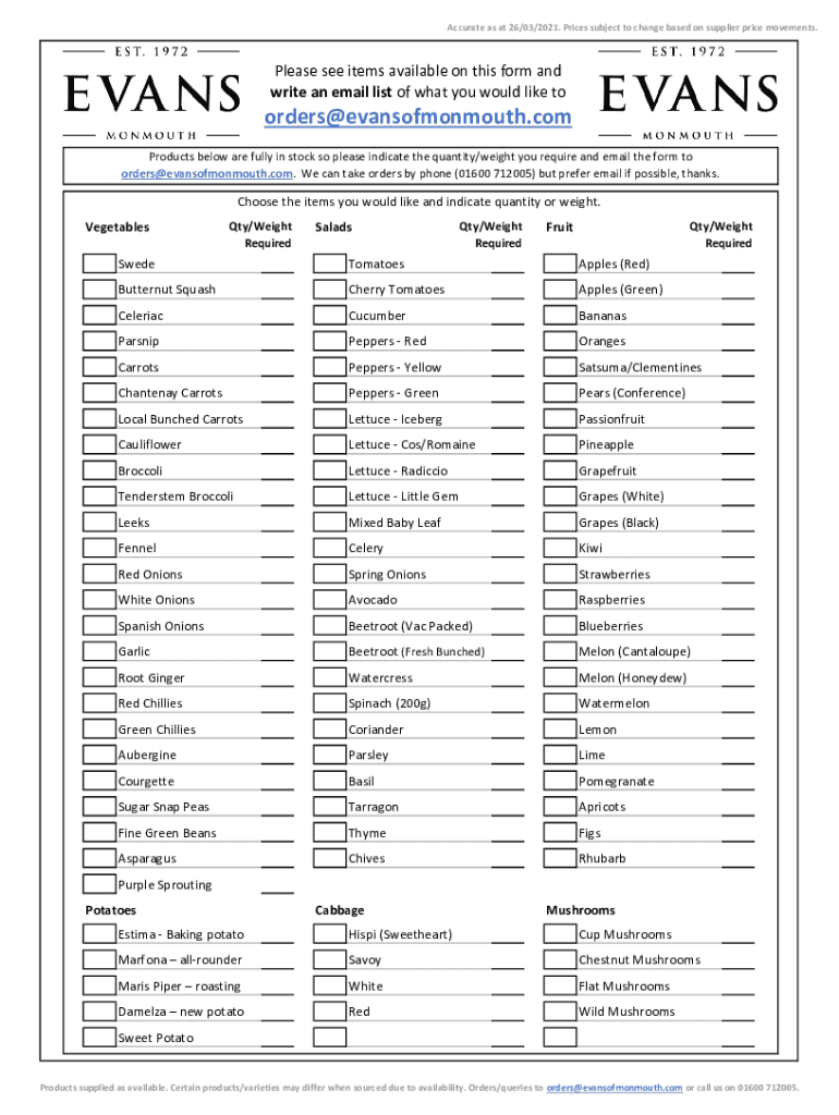 Fillable Online Please see items available on this form and write an ...