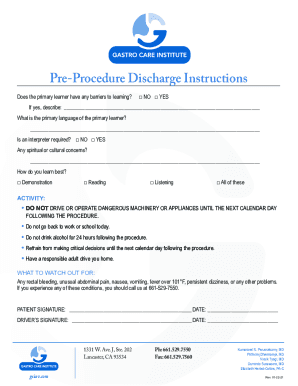Fillable Online Pre-Procedure Discharge Instructions - gciav.com Fax ...