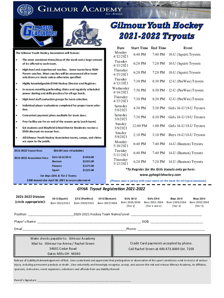 Fillable Online 'YHA Tryout Registration 2021 - Gilmour Academy Ice ...