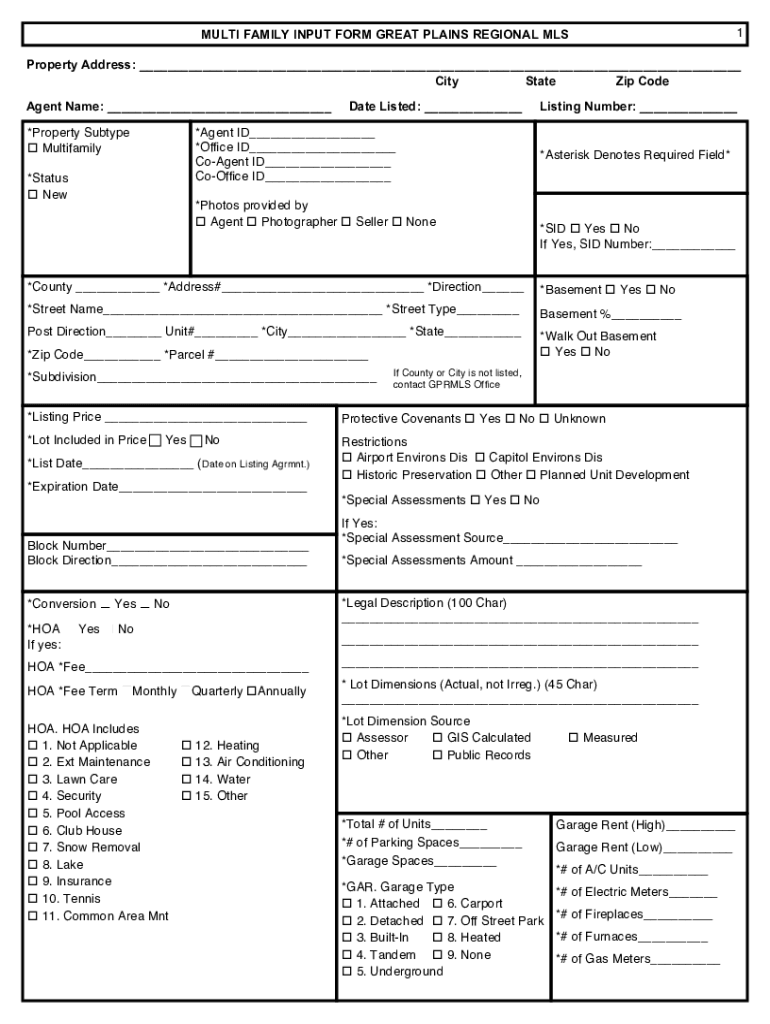 Fillable Online MULTI FAMILY INPUT FORM GREAT PLAINS ... - gprmlsdocs ...