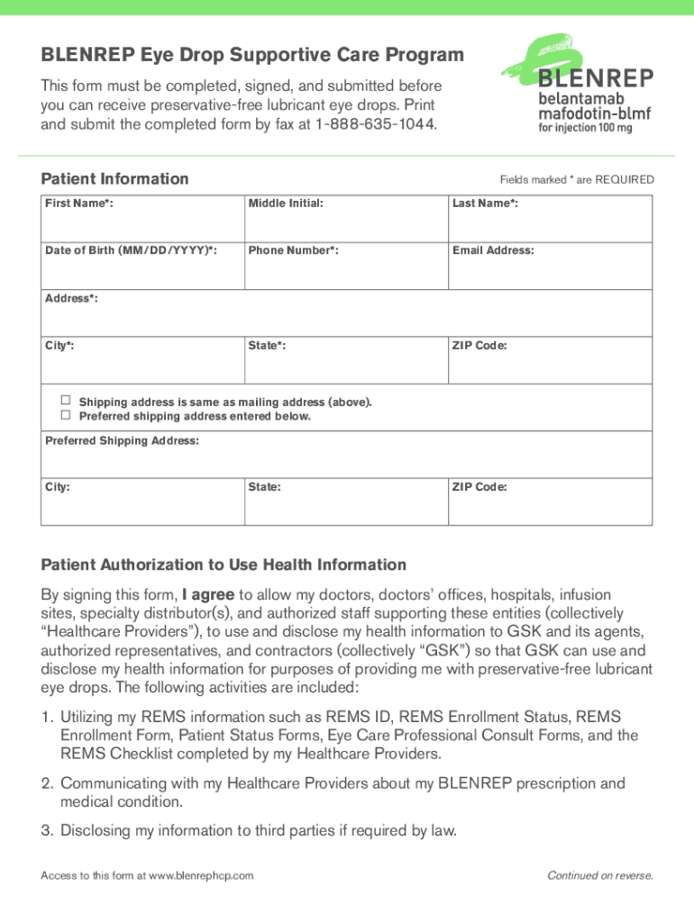 Fillable Online BLENREP Eye Drop Supportive Care Program Fax Email ...