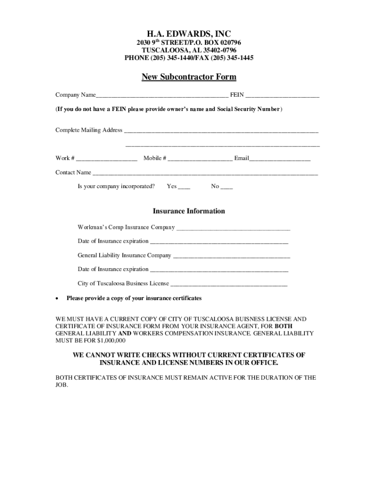 Fillable Online New Subcontractor Form Fax Email Print - pdfFiller