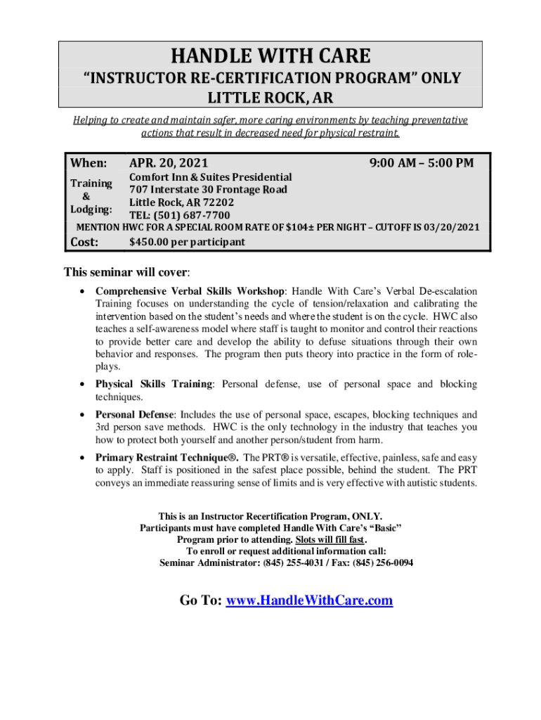 Fillable Online Instructor CertificationHWC WP - Handle With Care ...