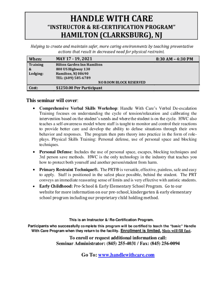 Fillable Online Instructor CertificationHWC WP - Handle With Care ...