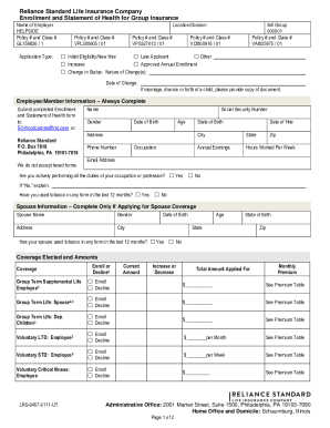 Fillable Online Reliance Standard Life Insurance Company - Helpside Fax ...