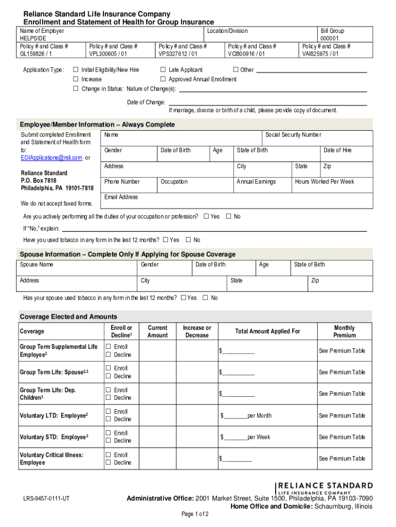 Fillable Online Reliance Standard Life Insurance Company - Helpside Fax ...