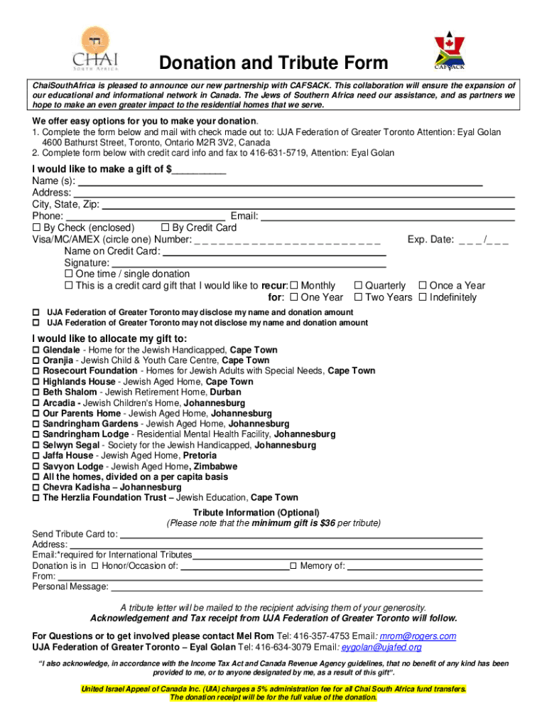 Fillable Online Donation and Tribute Form - herzlia.com Fax Email Print ...