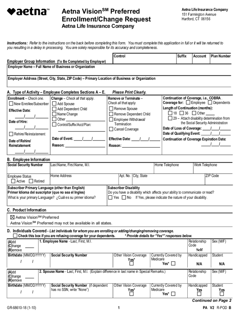 Fillable Online Pennsylvania Vision Employee Enrollment/Change Request ...