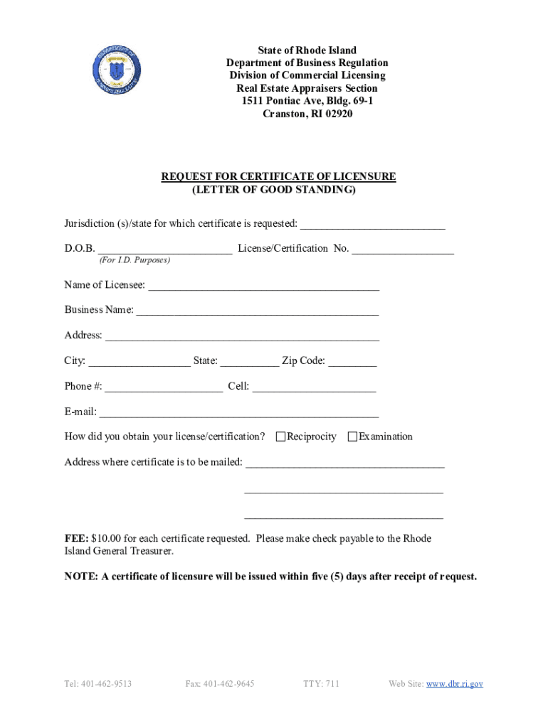 Fillable Online dbr ri REQUEST FOR CERTIFICATE OF LICENSURE (LETTER OF ...