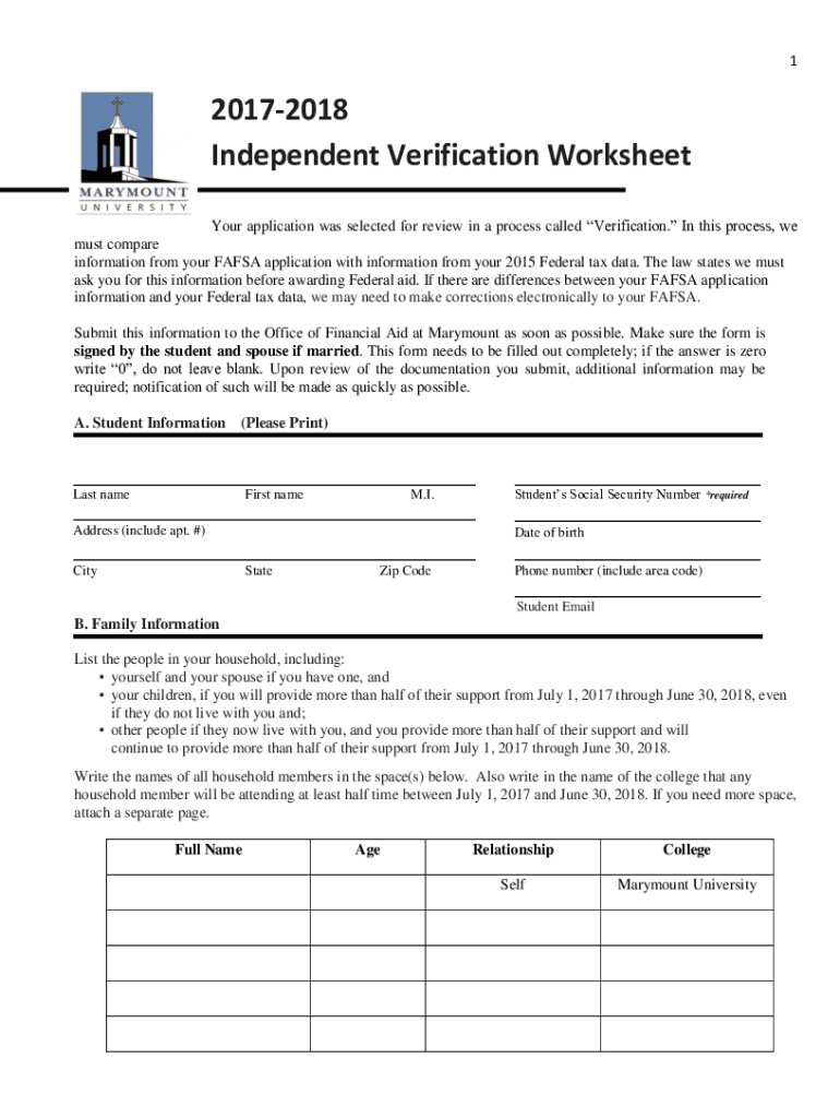 Fillable Online 2018-2019 Independent Verification Worksheet - marymount.edu Fax Email Print ...