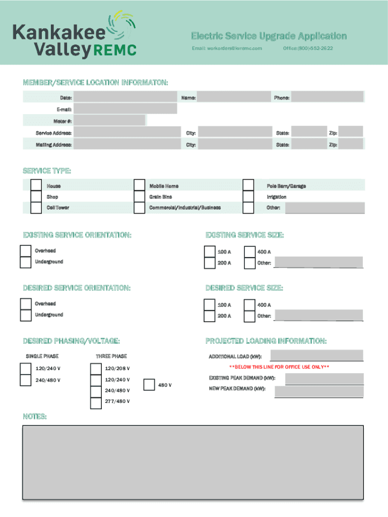 Fillable Online Electric Service Upgrade Application - KV REMC Fax ...