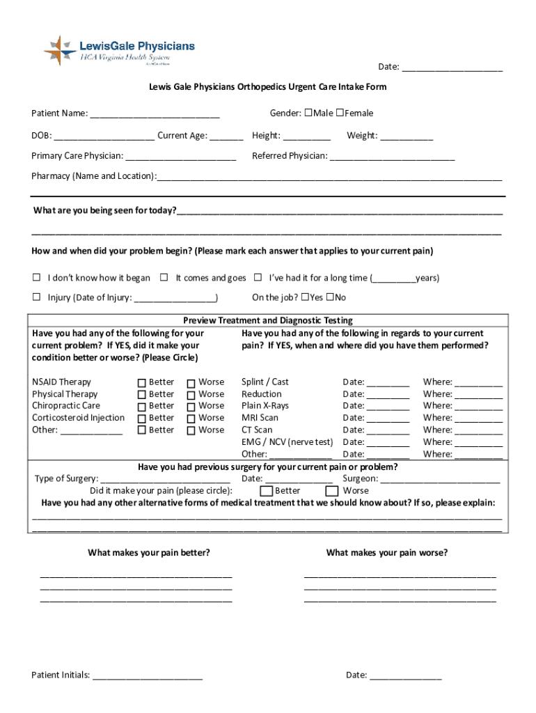 Fillable Online Lewis Gale Physicians Orthopedics Urgent Care Intake ...