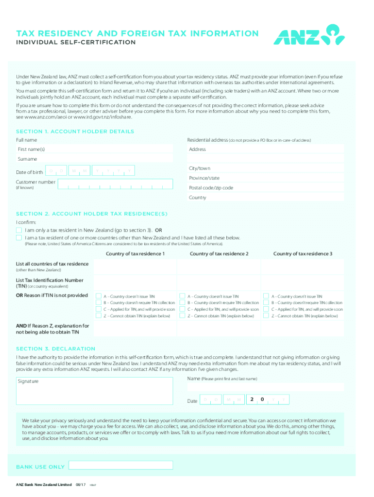 Fillable Online Anz Tax Residency And Foreign Tax Information - Fill ...