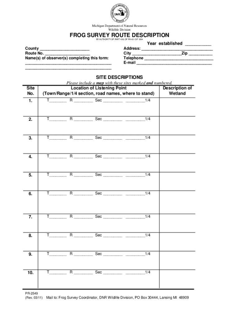 Fillable Online Frog Survey Route Description. Frog Survey Fax Email ...