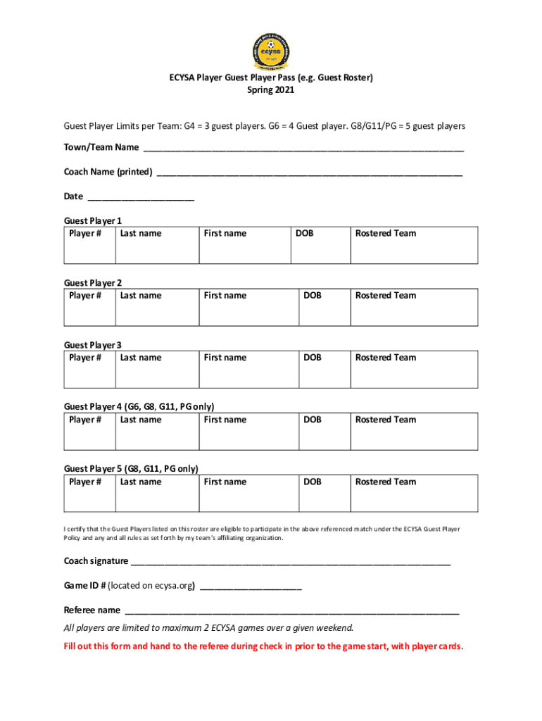 Fillable Online ECYSA Guest Player Instructions NEW Fax Email Print ...