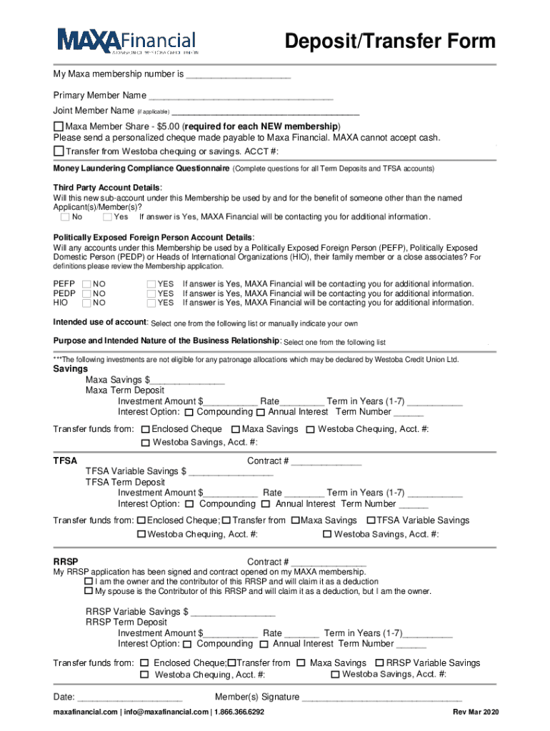 Fillable Online Deposit Transfer Form - Home - Maxa Financial Fax Email ...