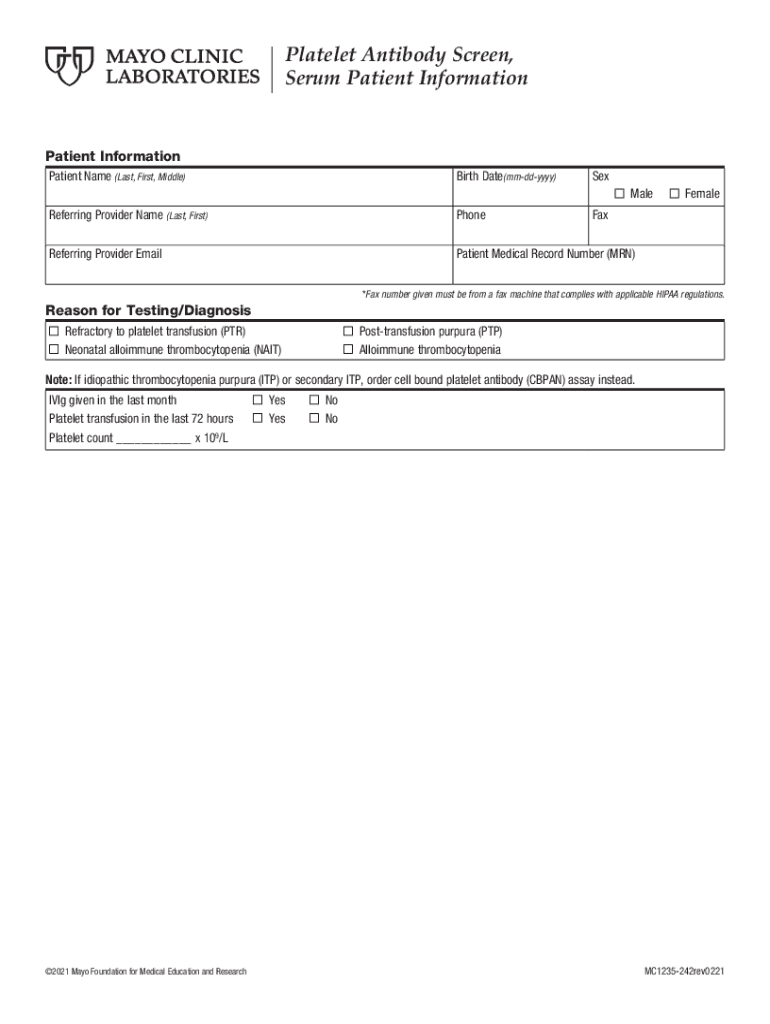 Fillable Online MCL - Platelet Antibody Screen, Serum Information ...