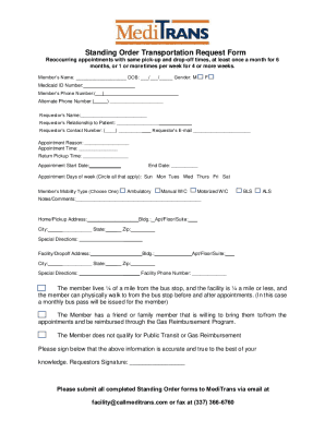 Fillable Online Standing Order Transportation Request Form Fax Email ...