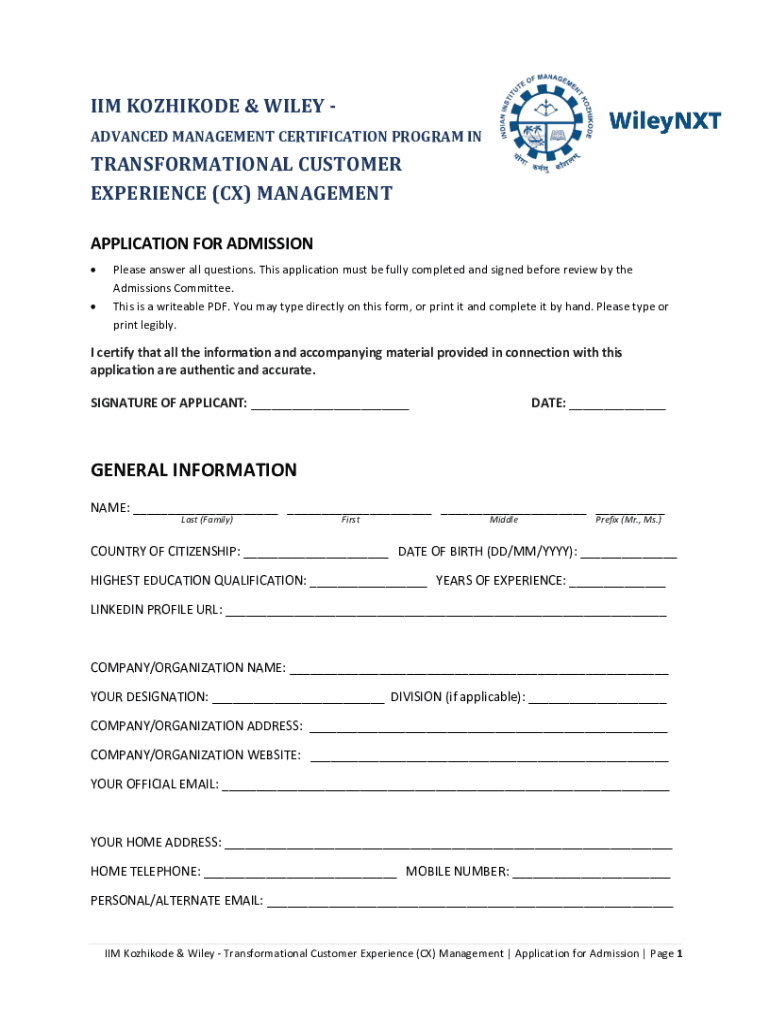 Fillable Online IIM Kozhikode and WileyNXT Launch Advanced ...