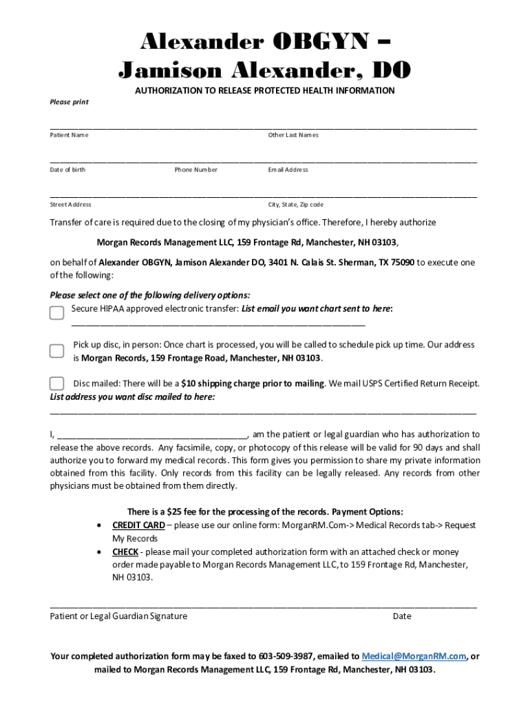 Fillable Online Jamison Alexander D.O.,P.A. - Authorization for Release ...