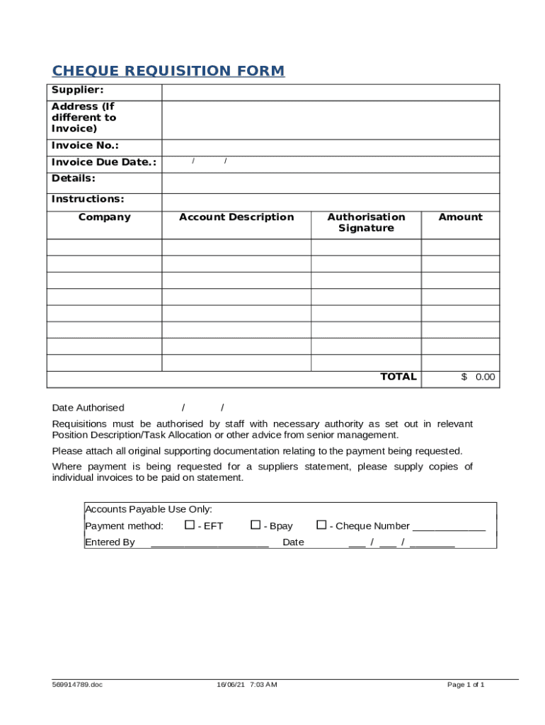 CHEQUE REQUISITION - msmlm.com Doc Template | pdfFiller