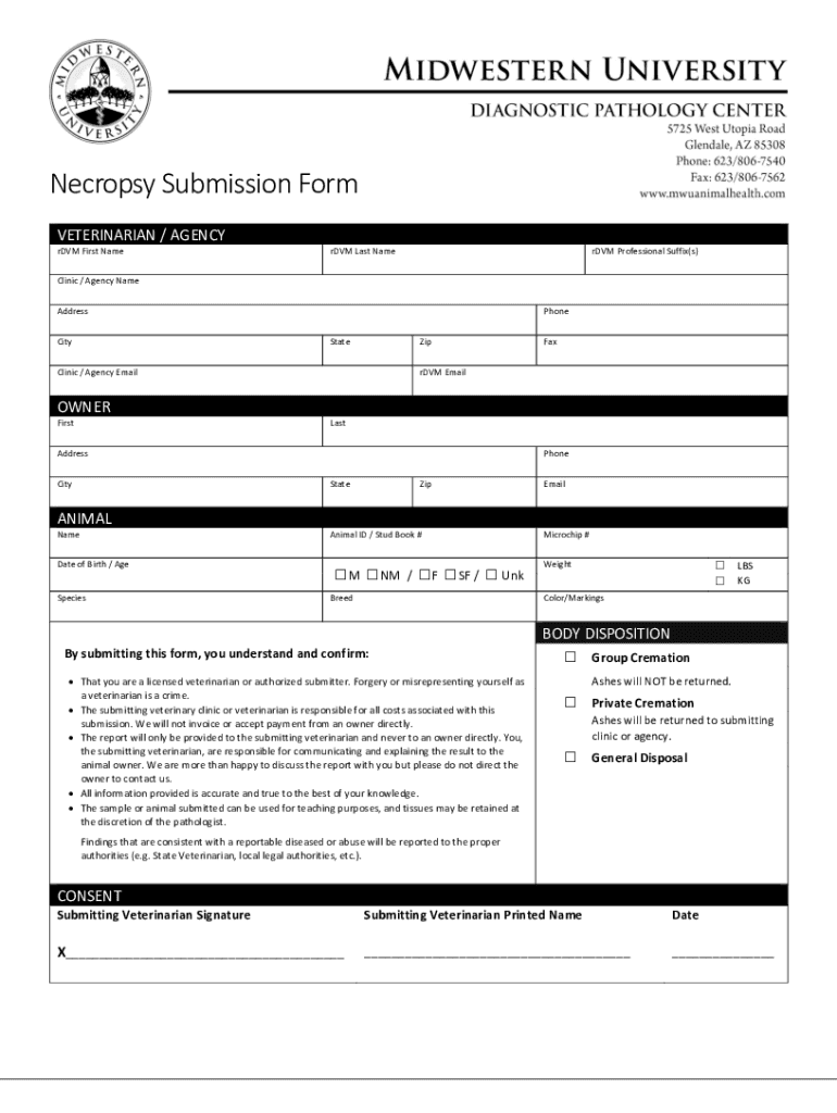 Fillable Online Necropsy Submission Form - Animal Health Institute Fax ...
