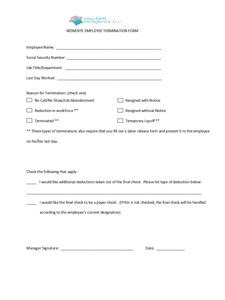 Fillable Online Notice of Employee Separation Form - Voluntary Quit ...