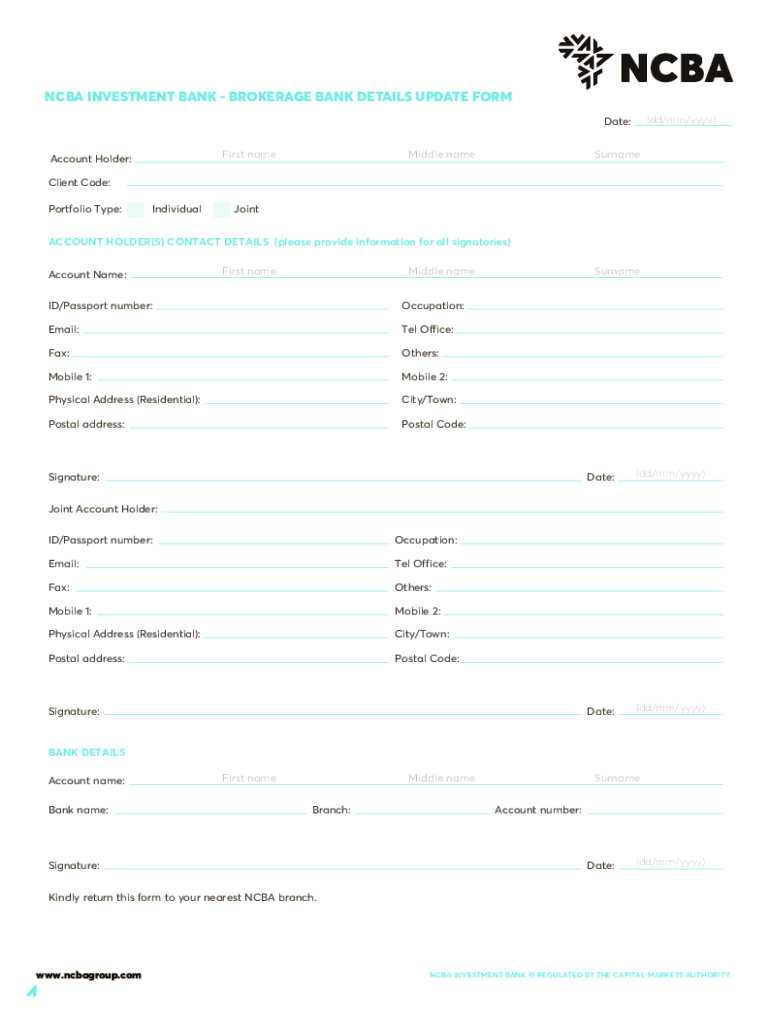 Fillable Online NCBA INVESTMENT BANK - BROKERAGE BANK DETAILS UPDATE ...