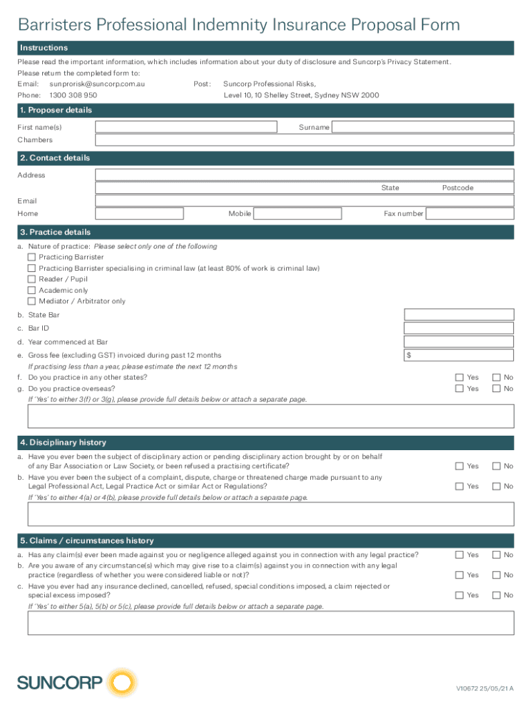 Fillable Online Suncorp Barristers PI Proposal Form - nswbar.asn.au Fax ...