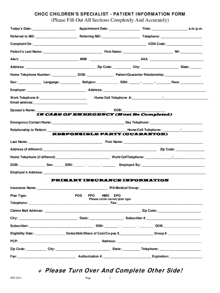 Fillable Online CHOC CHILDRENS SPECIALIST - PATIENT INFORMATION FORM ...