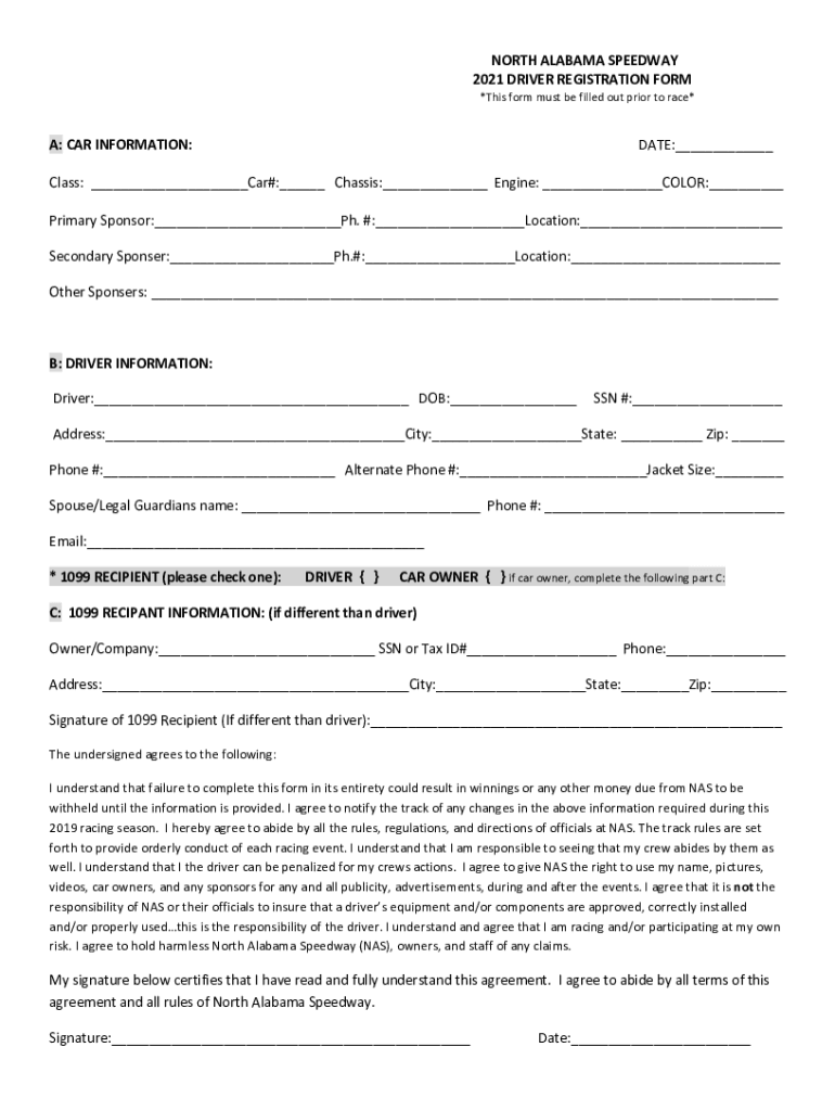 Fillable Online NORTH ALABAMA SPEEDWAY 2021 DRIVER REGISTRATION FORM ...