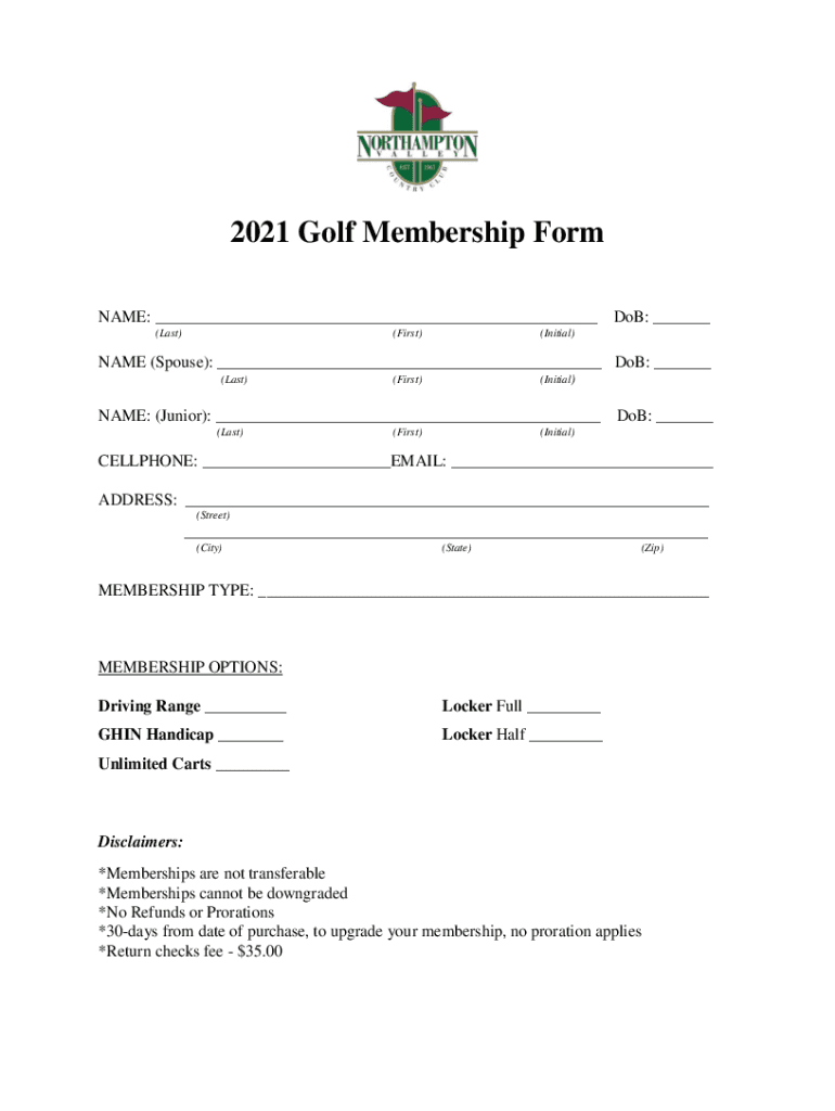 Fillable Online 2021 Golf Membership Form - Northampton Valley Country ...