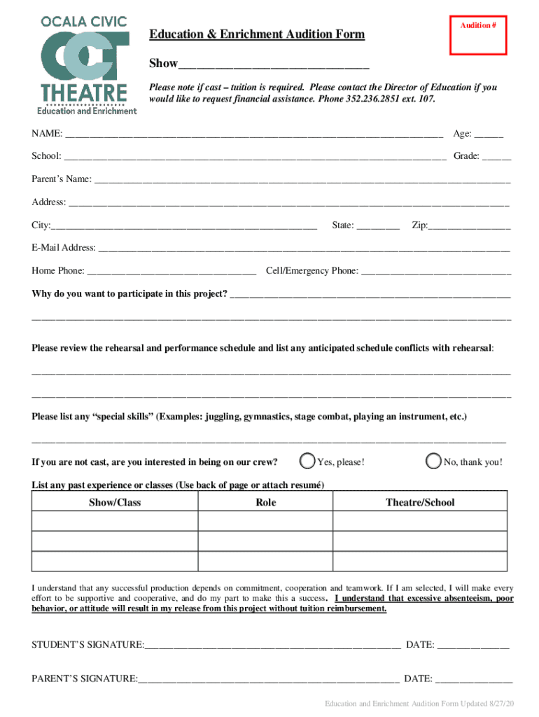 Fillable Online A Helpful Form to Use When Holding AuditionsA Step-by ...