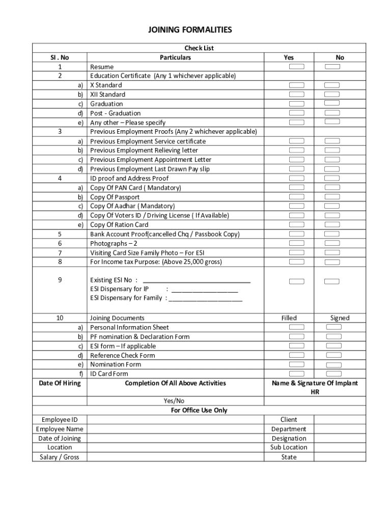 Fillable Online NEW Joining Formalities - CiteHRJoining Formalities - SlideShareJoining ...