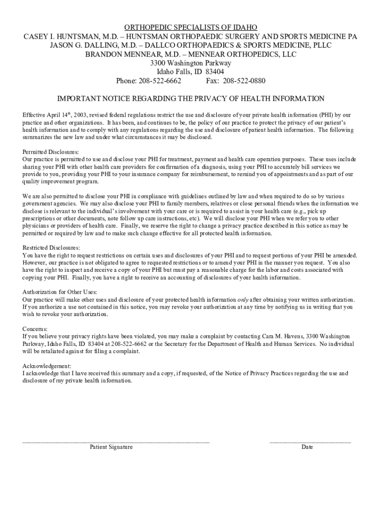 Fillable Online ORTHOPEDIC SPECIALISTS OF IDAHO JASON G. DALLING, M.D ...