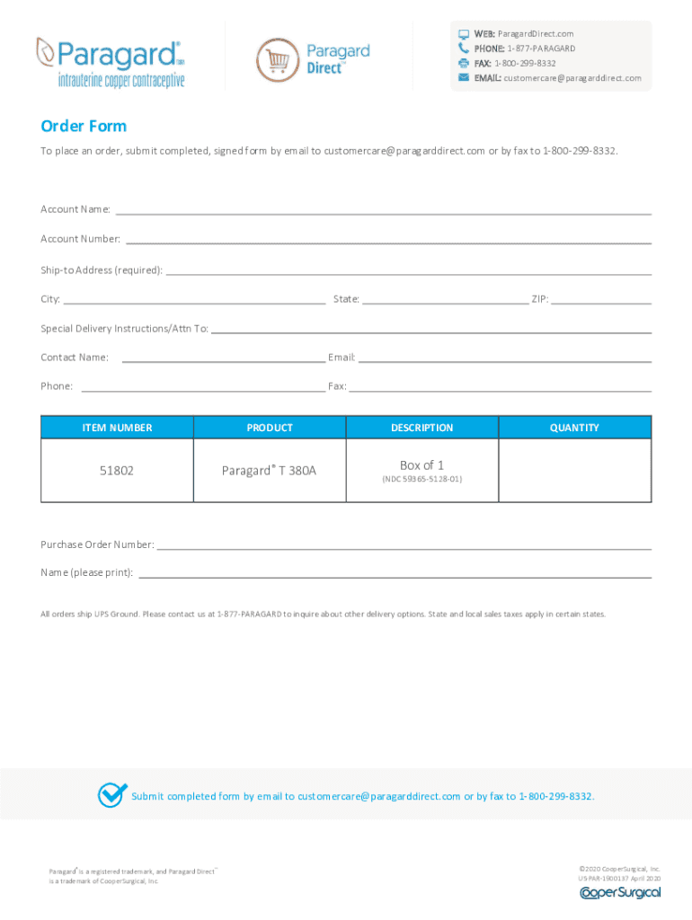 Fillable Online Order Form - Direct Order the IUD Fax Email Print ...