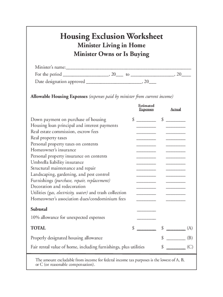Fillable Online Ministers housing expense worksheet" Keyword Found ...