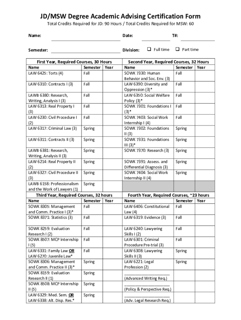 Fillable Online JD/MSW Degree Academic Advising Certification Form Fax ...