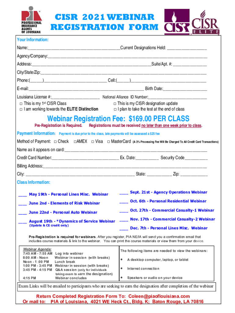 Fillable Online 2021 CISR Updated Webinar Registration Form Fax Email ...