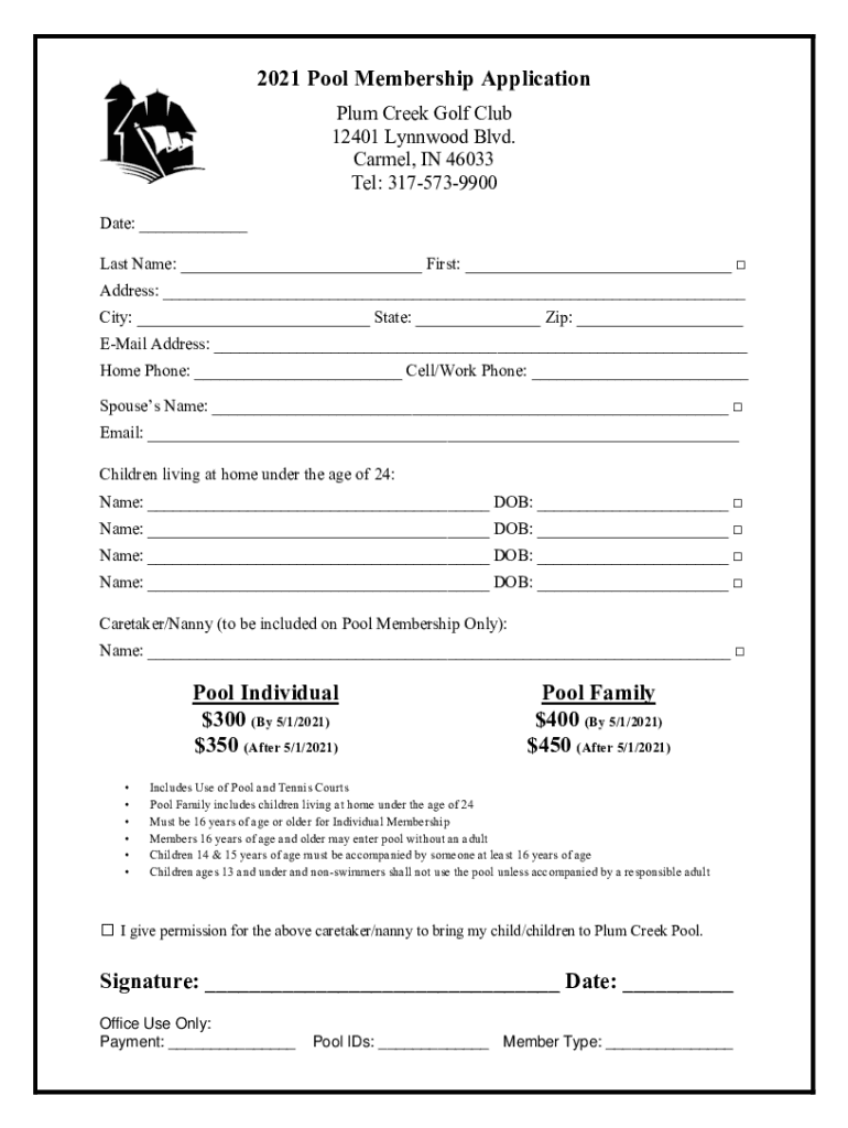 Fillable Online 2021 Pool Membership Application Fax Email Print ...