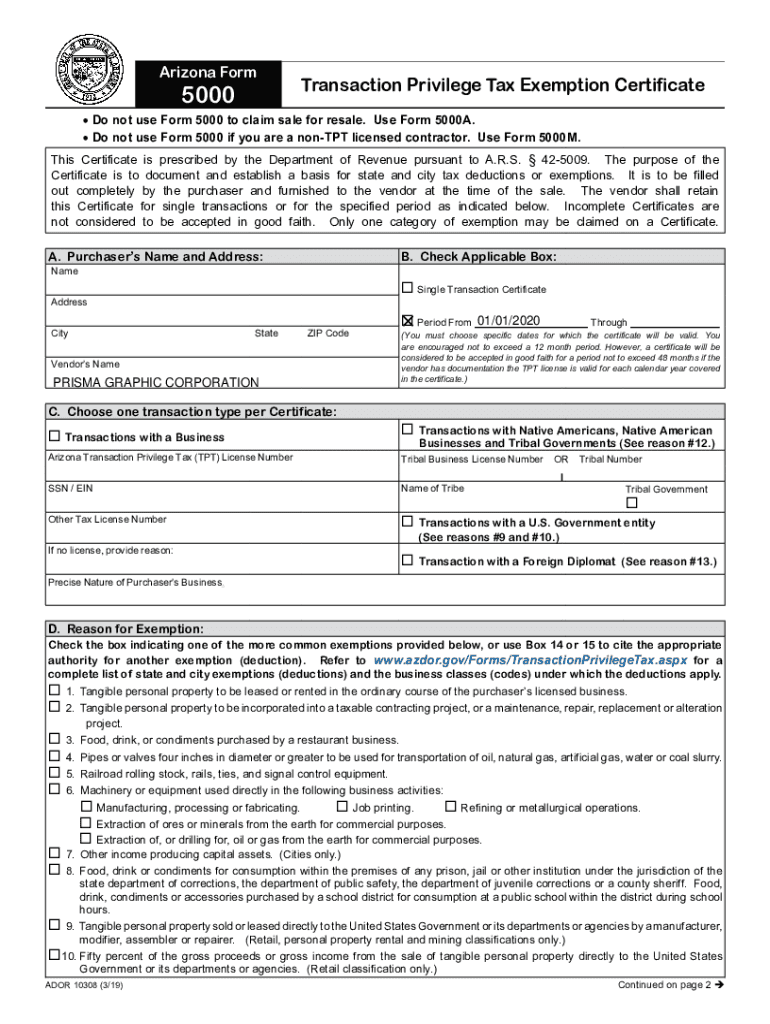 Fillable Online Form 5000 - Arizona Transaction Privilege Tax Exemption ...