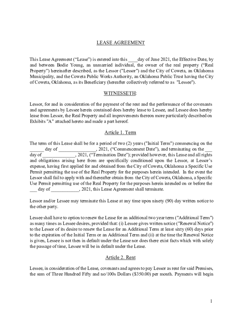 Fillable Online LEASE AGREEMENT WITNESSETH: Article 1. Term Article 2 ...