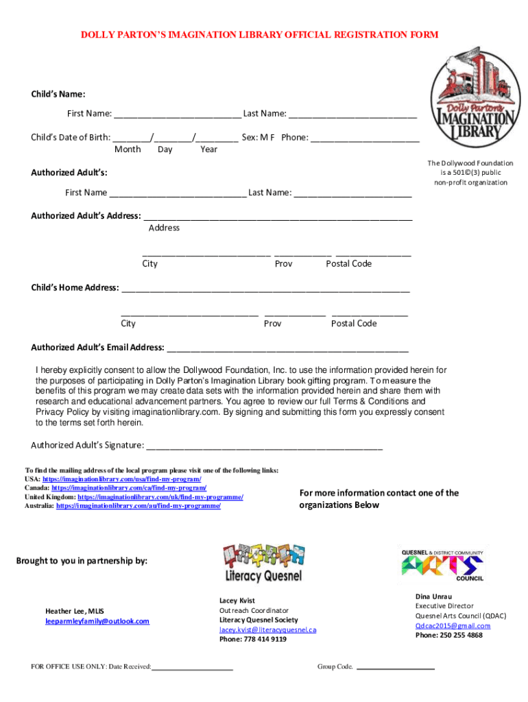 Fillable Online Dolly Parton's Imagination Library: Free Books For Kids ...