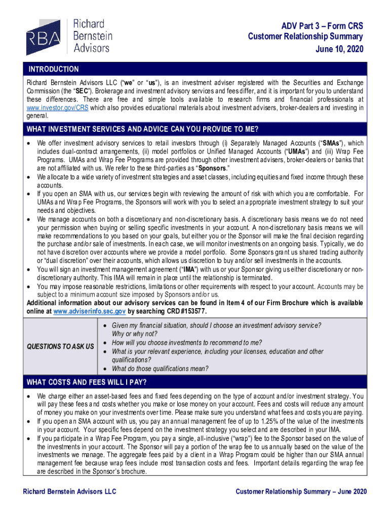 Fillable Online RBA ADV Part 3 Form CRS dtd 6.10.20 Fax Email Print ...