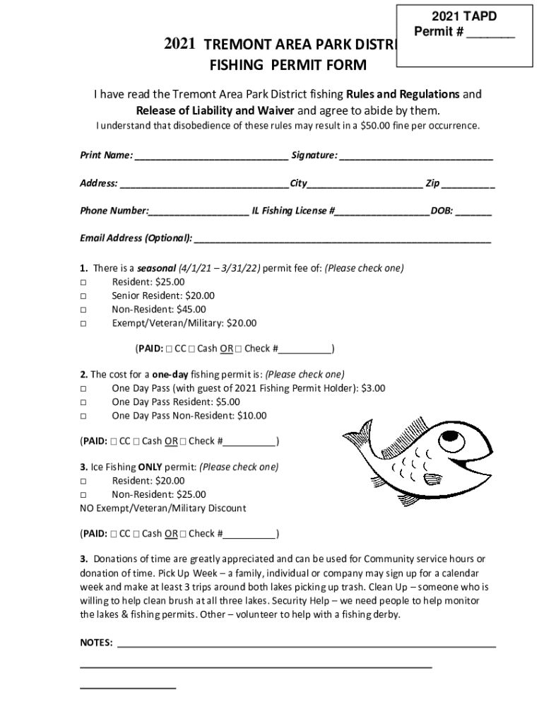 Fillable Online PDF 2021 TREMONT AREA PARK DISTRICT FISHING PERMIT FORM ...