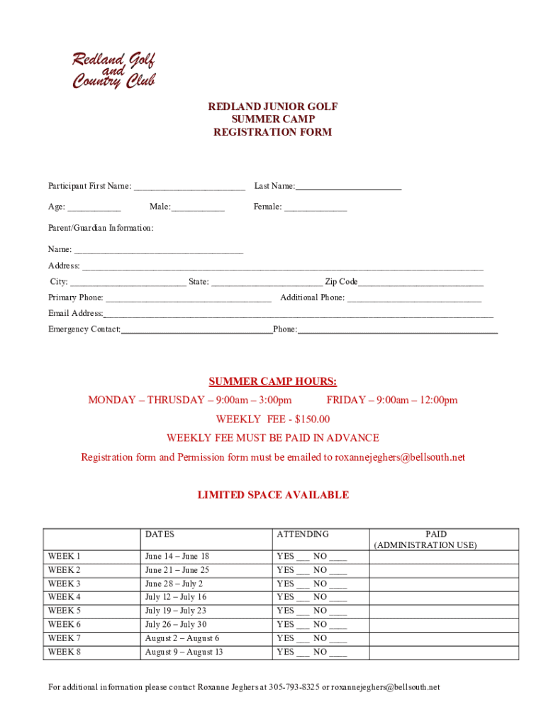 Fillable Online REDLAND JUNIOR GOLF SUMMER CAMP REGISTRATION FORM Fax ...