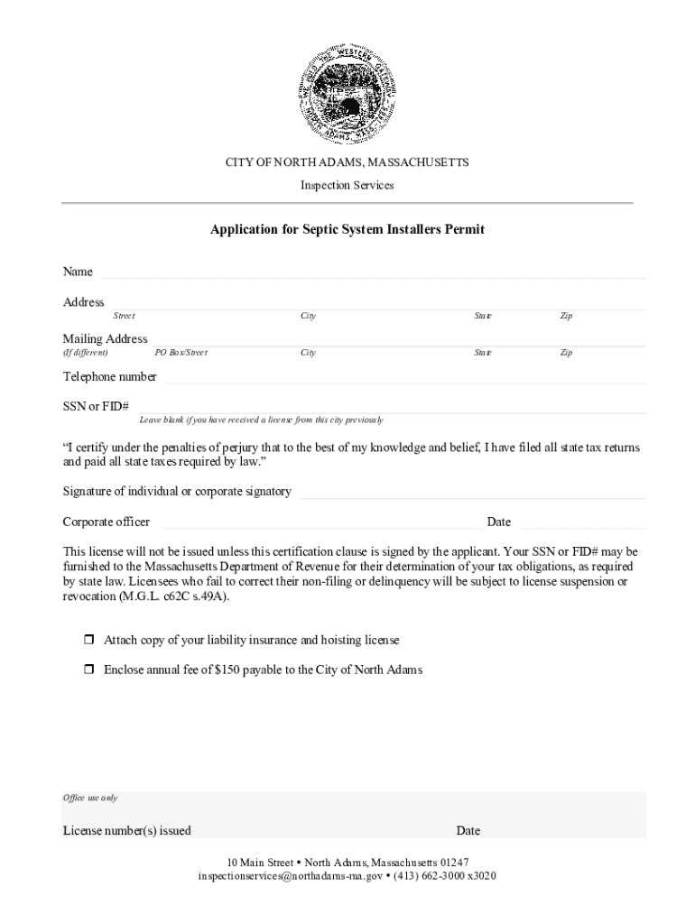 Fillable Online Application for Septic System Installers Permit Fax ...