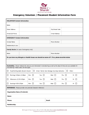 Fillable Online Emergency Volunteer / Placement Student Information ...